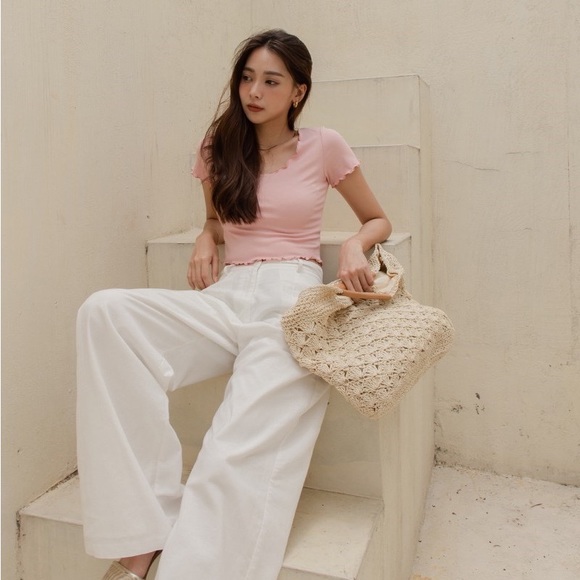 Merci | Tops | Curly Hem Pink Baby Crop Top | Poshmark